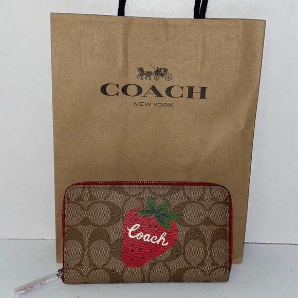 Coach | Bags | Coach Signature Strawberry Id Zip Around Wallet | Poshmark